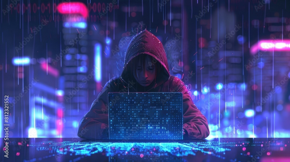 A hacker in a hood sitting at a table with a laptop, surrounded by binary code and glowing blue ...