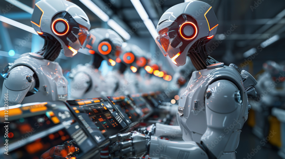 Two humanoid robots with futuristic designs working at a control panel ...