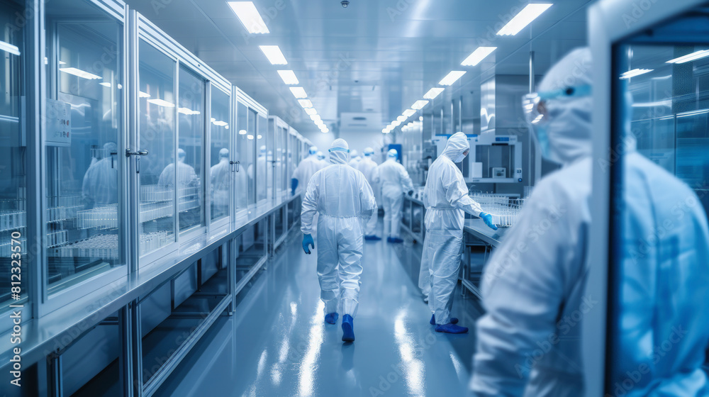 Technicians in cleanroom suits walking through a semiconductor ...