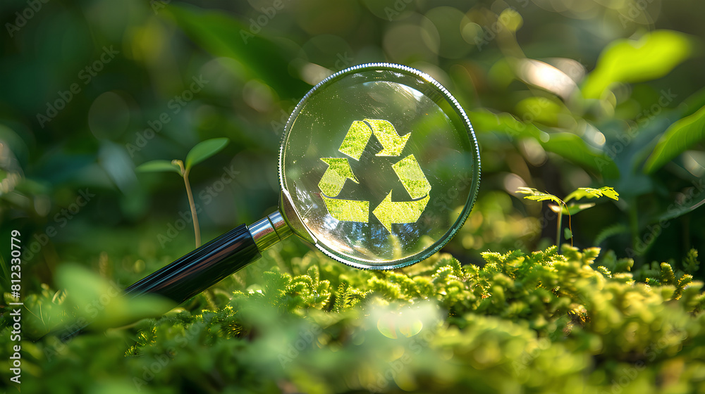 Magnifying glass with reduce CO2 emissions carbon symbol on green ...