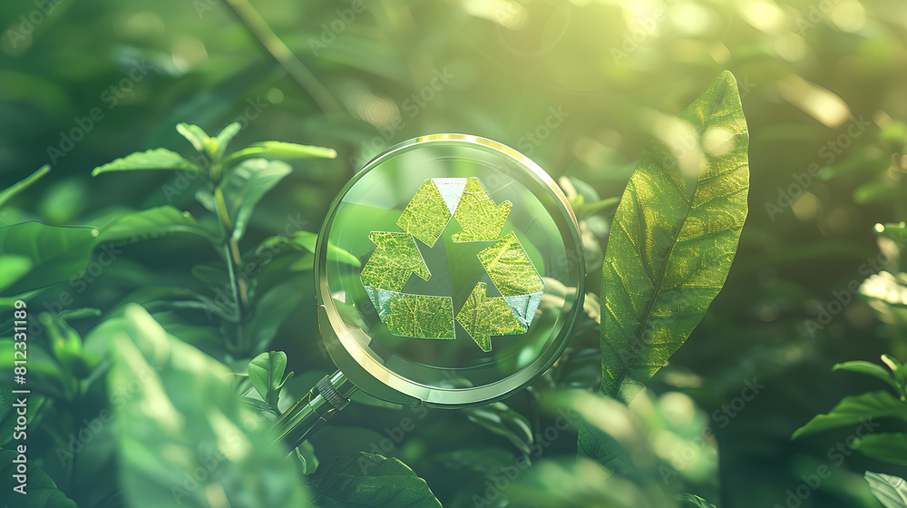 Magnifying glass with reduce CO2 emissions carbon symbol on green ...