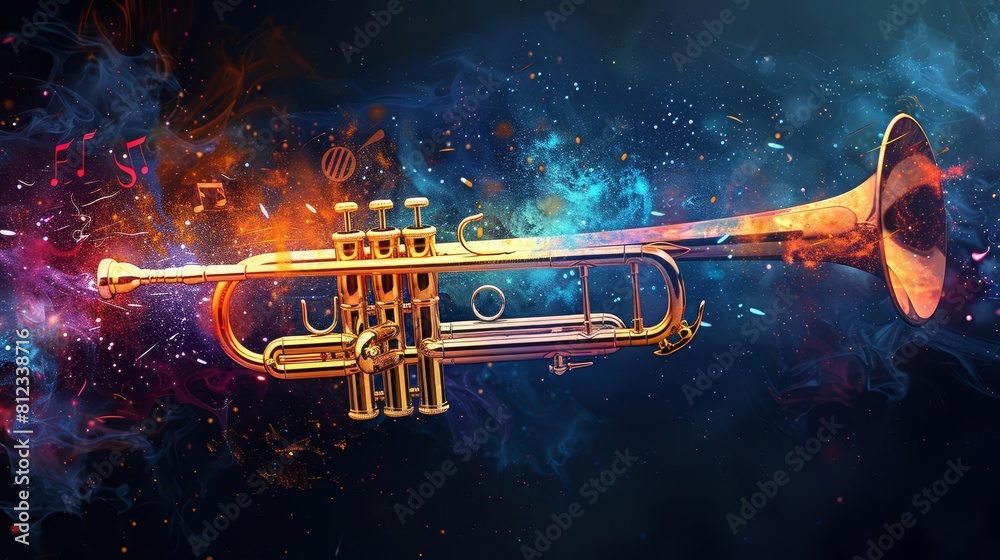 Imagine a jazz trumpets bell expelling a burst of colorful musical ...