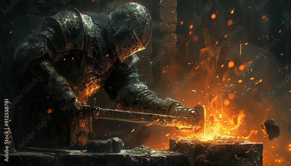 Imagine a medieval blacksmith forging a suit of armor in a fiery forge ...