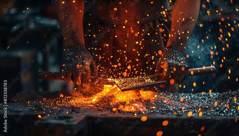 Imagine a medieval blacksmith forging a suit of armor in a fiery forge ...
