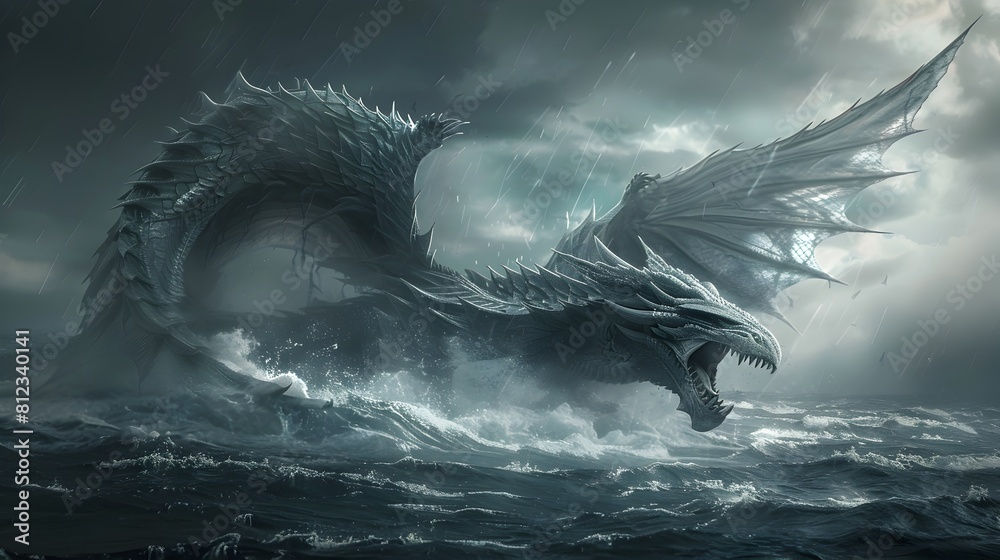 Colossal Winged Creature Emerging from Stormy Oceanic Depths with ...