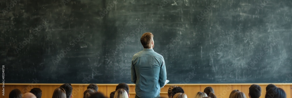 The back view of a male individual addressing a group in a classroom ...