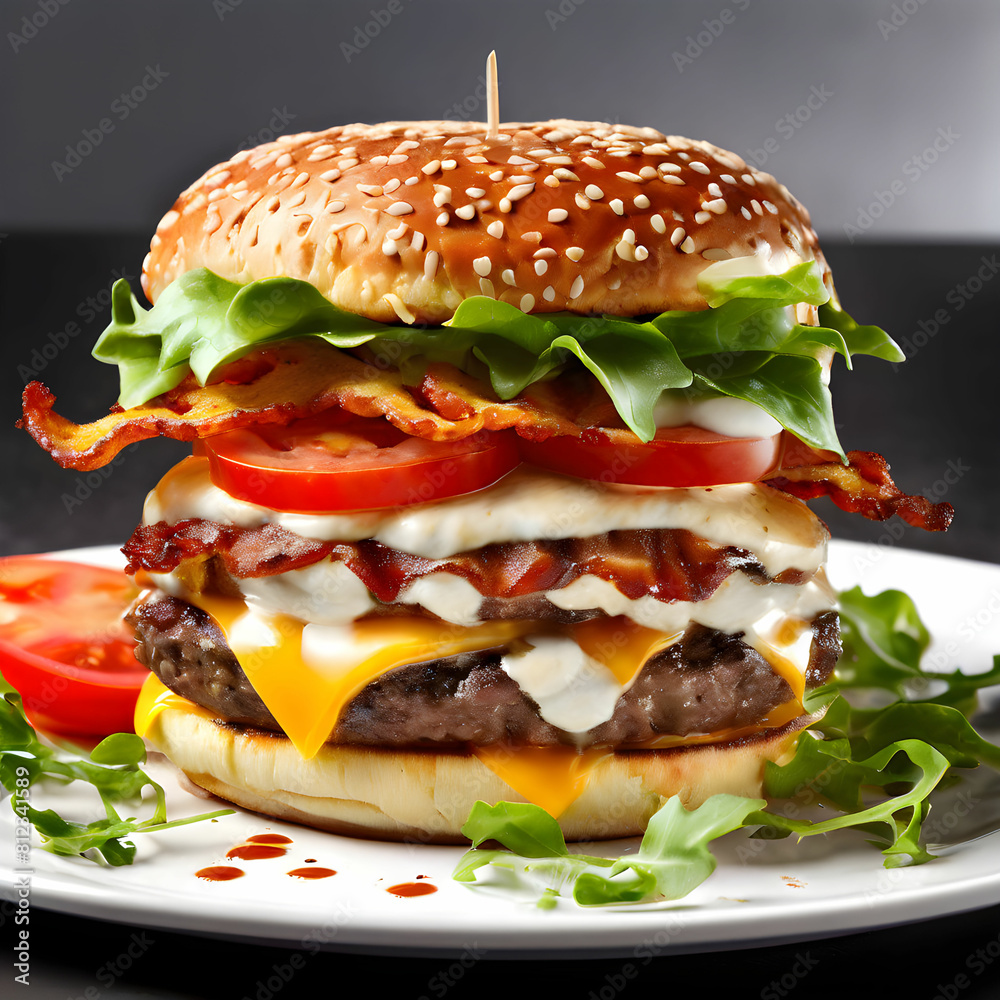 Gourmet burger stacked with artisanal brionche Bun succulent party ...