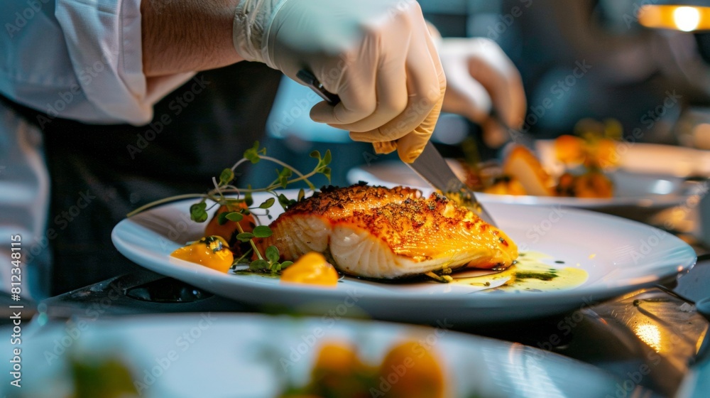 Chef plating flounder as part of a performance art piece culinary ...
