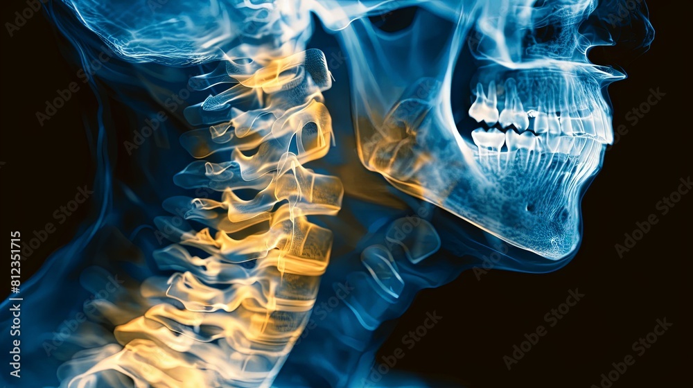 An X-ray blue of a neck with the collar bone joint highlighted in ...
