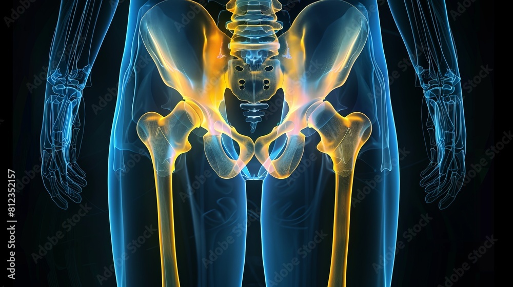 An x-ray of a woman's pelvis shows the bones of the hip and legs. MRI ...