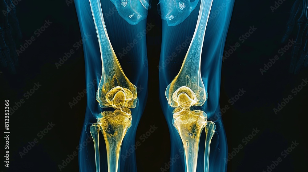 An X-ray blue of a knee with the knee joint highlighted in yellow ,MRI ...