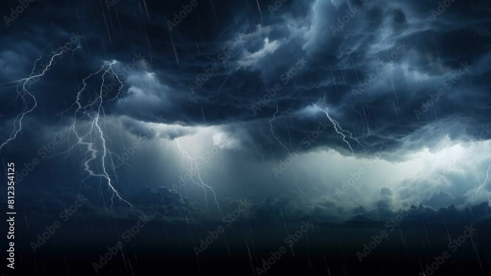 Thunderous dark sky with black clouds and flashing lightning. Panoramic ...