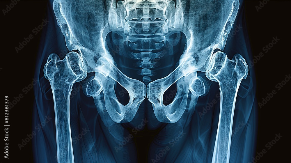 An x-ray of a woman's pelvis shows the bones of the hip and legs. MRI ...