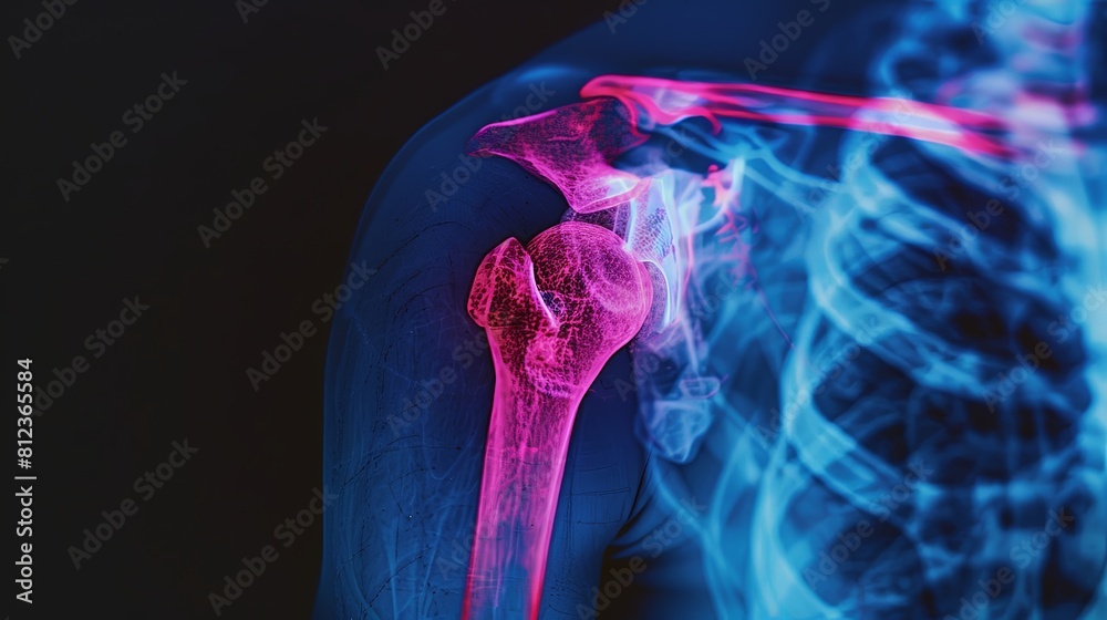 An X-ray blue of a shoulder with the upper arm and shoulder joint ...