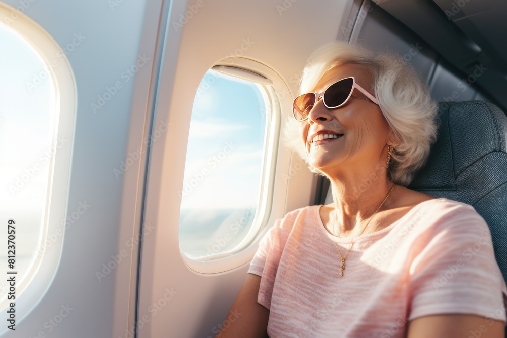 Happy old lady goes on summer vacation by plane sitting next to window ...
