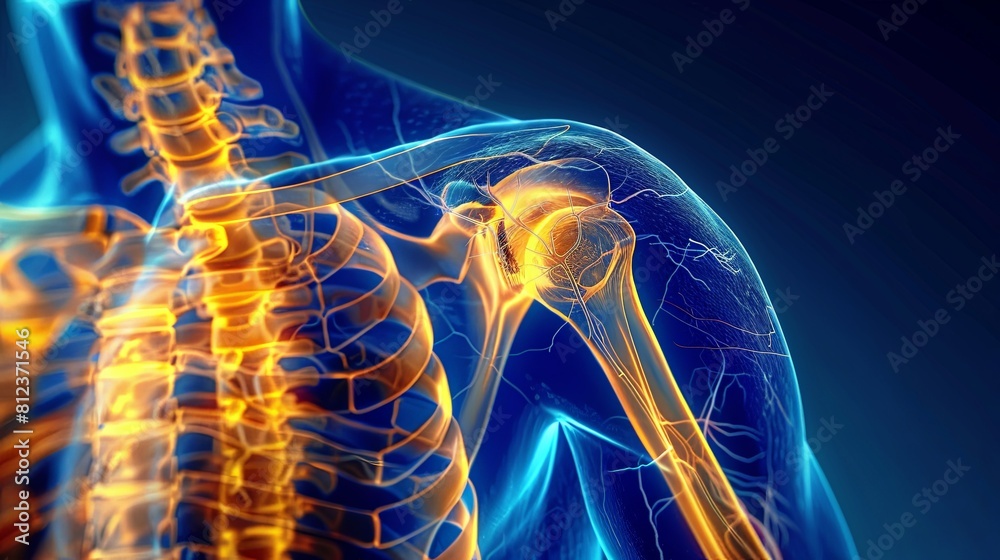 An X-ray blue of a shoulder with the upper arm and shoulder joint ...