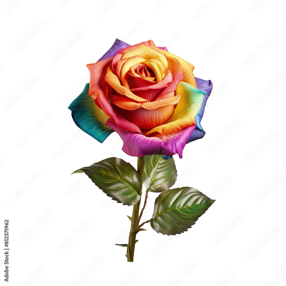 Rainbow rose with leaves on the stem isolated on transparent background ...