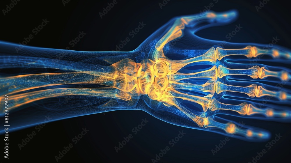 An X-ray blue of a hand with the wrist joint highlighted in yellow ...