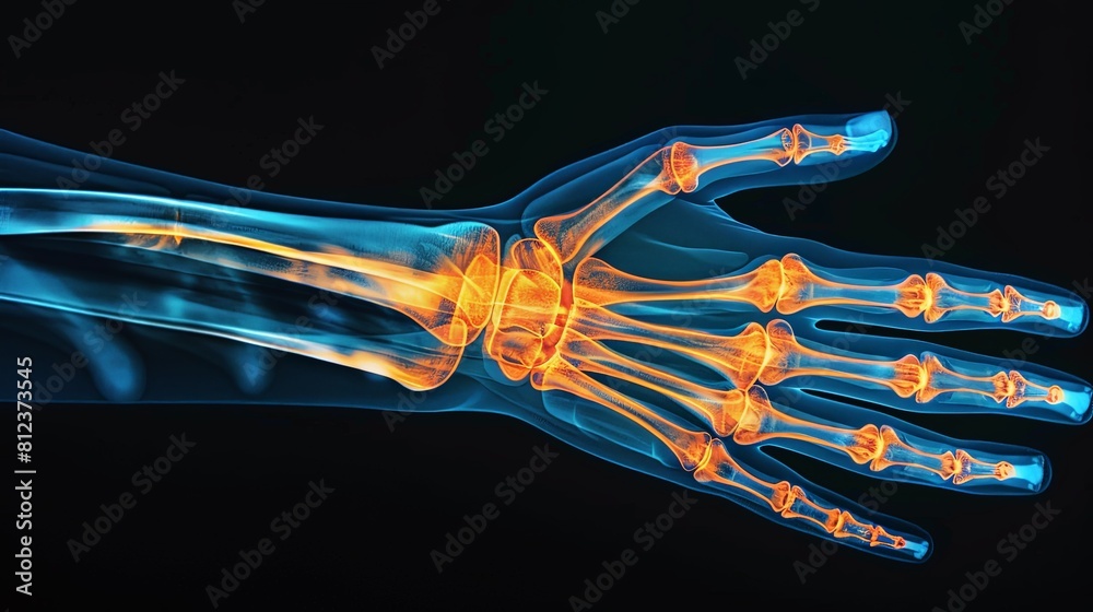 An X-ray blue of a hand with the wrist joint highlighted in yellow ...