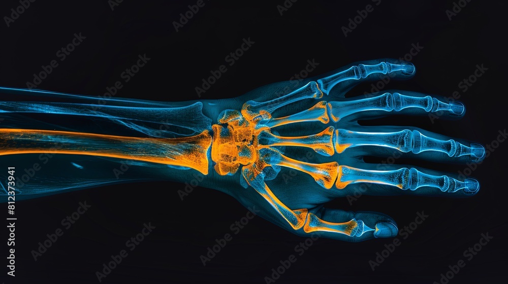 An X-ray blue of a hand with the wrist joint highlighted in yellow ...
