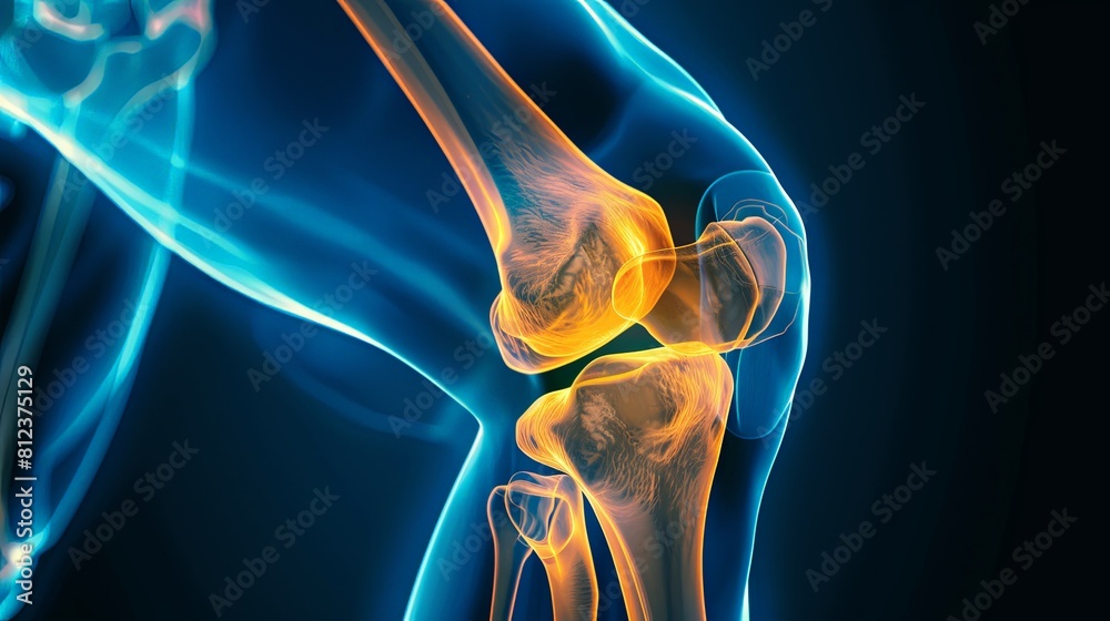 An X-ray blue of a knee with the knee joint highlighted in yellow ,MRI ...