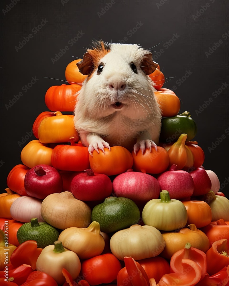 levitating guinea pig surrounded with floating bell peppers, light ...