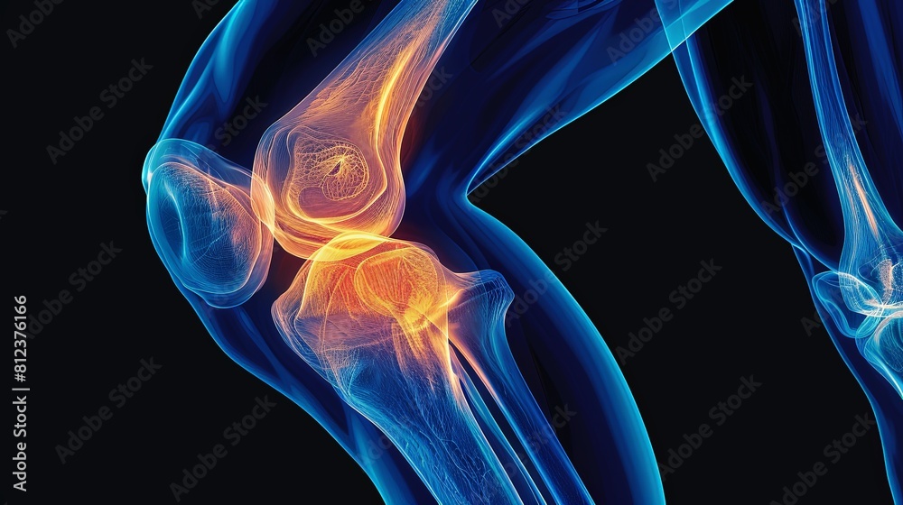 An X-ray blue of a knee with the knee joint highlighted in yellow ,MRI ...