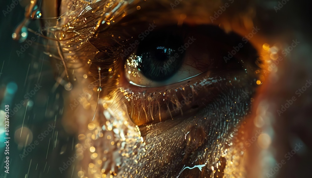 Portray a dramatic closeup of an actors face, their emotions flickering ...