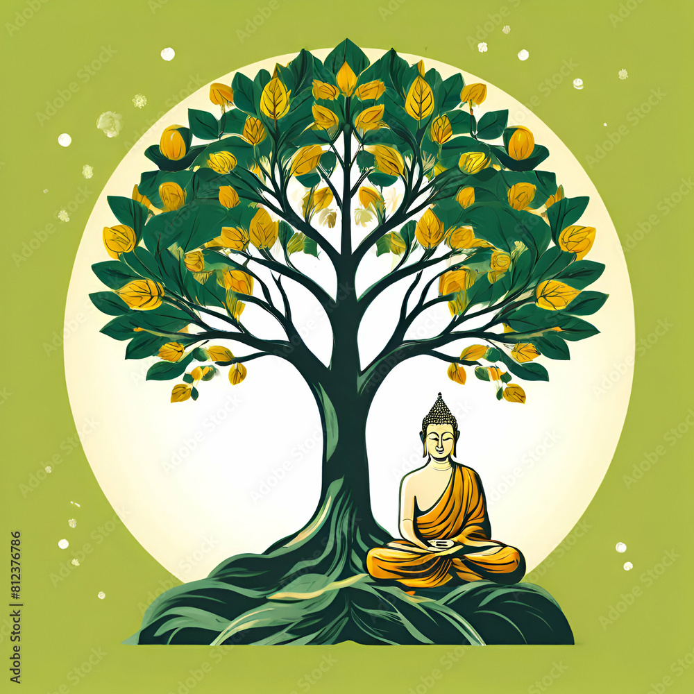 vesak day banner card with buddha sign in bodhi leaf tree vector design ...