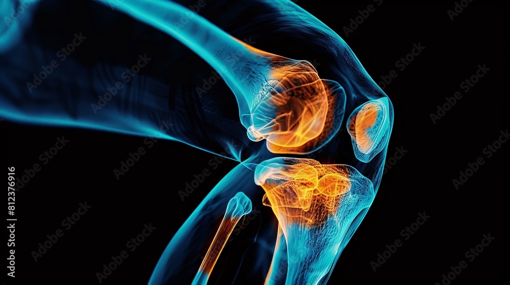 An X-ray blue of a knee with the knee joint highlighted in yellow ,MRI ...
