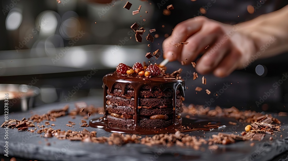 Portray a pastry chef decorating a decadent chocolate cake, the rich ...