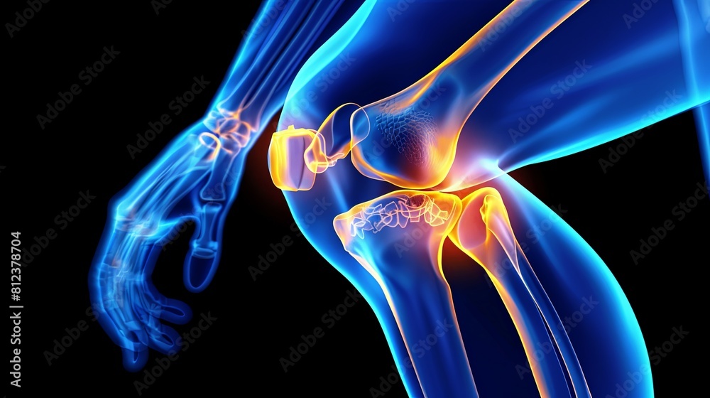 An X-ray blue of a knee with the knee joint highlighted in yellow ,MRI ...