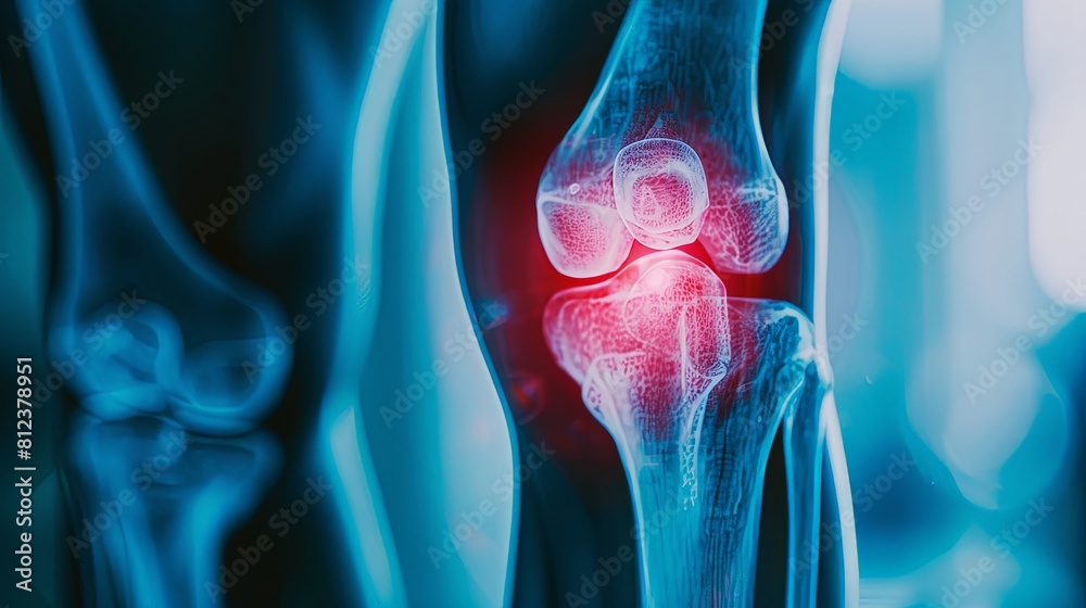 An X-ray blue of a knee with the knee joint highlighted in red ,MRI ...