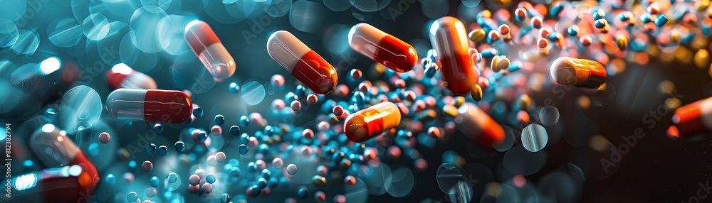 Dynamic depiction of assorted capsules and pills suspended in a dark ...