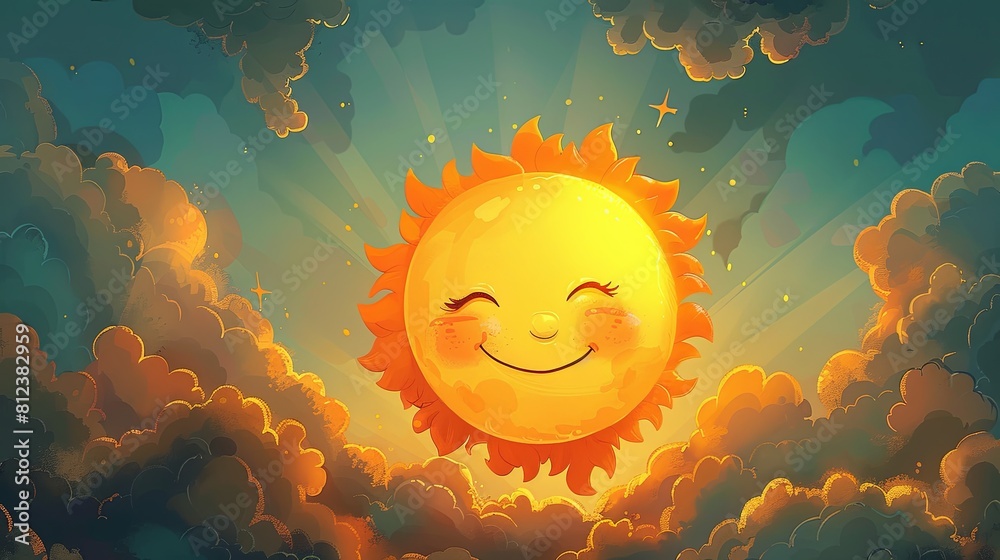 Smiling sun with rosy cheeks illuminates a sky full of fluffy, golden ...