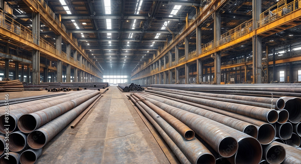 An industrial warehouse filled with large metal pipes stacked on the ...