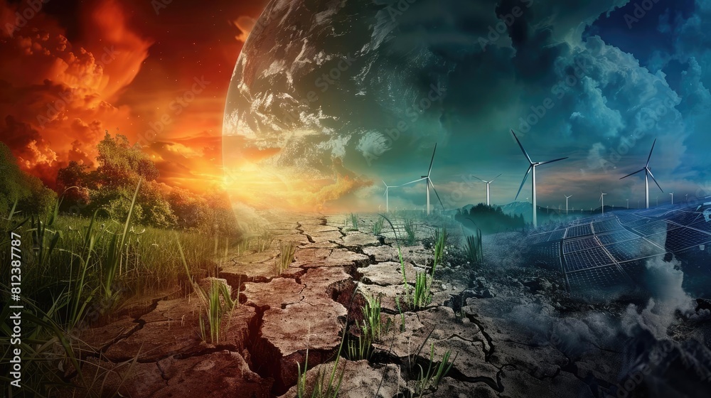 A graphical display of climate change, portraying a cracked landscape ...