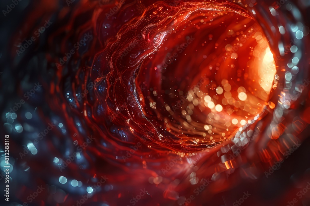 The image is an illustration of a human body's interior. It shows red ...