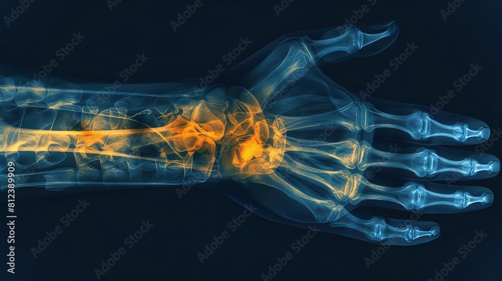An X-ray blue of a hand with the wrist joint highlighted in yellow ...