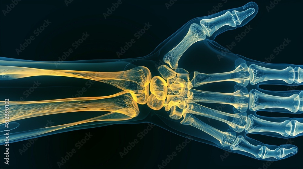 An X-ray blue of a hand with the wrist joint highlighted in yellow ...