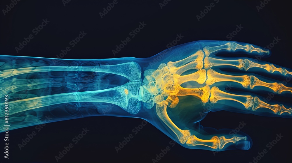 An X-ray blue of a hand with the wrist joint highlighted in yellow ...