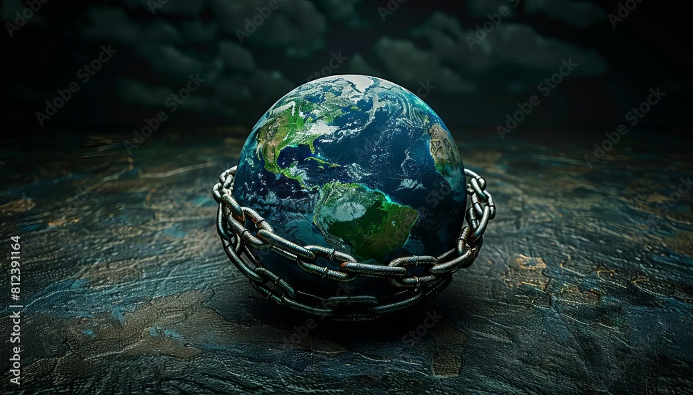 A dramatic image of Earth wrapped in chains and locks, representing the ...