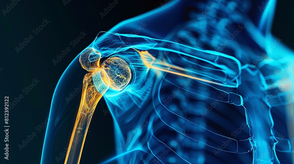 An X-ray blue of a shoulder with the upper arm and shoulder joint ...