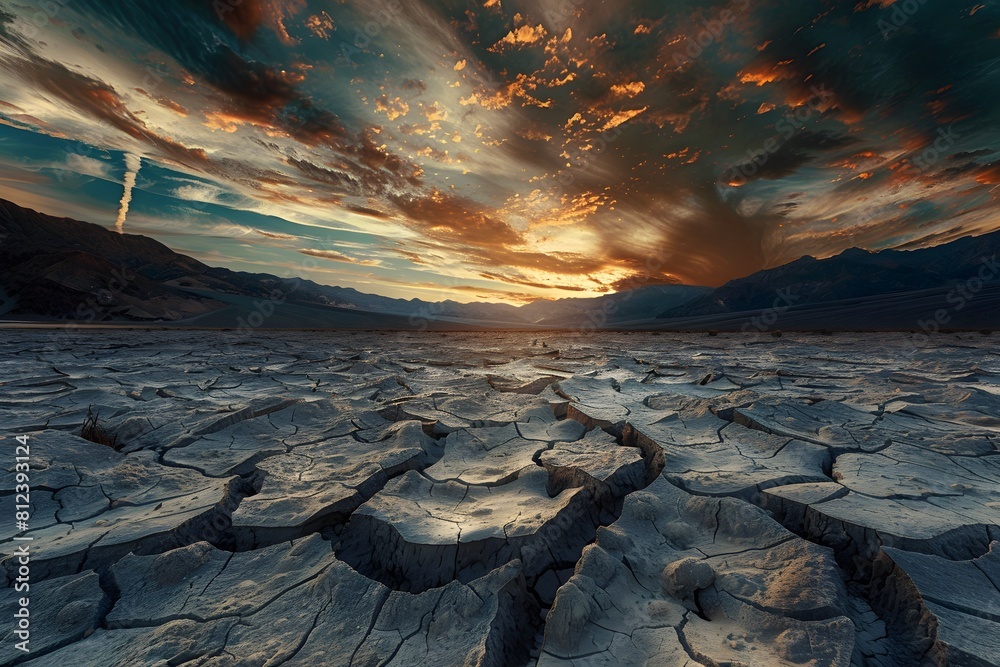 Dried cracked earth under a dark sky, climate change, environmental ...