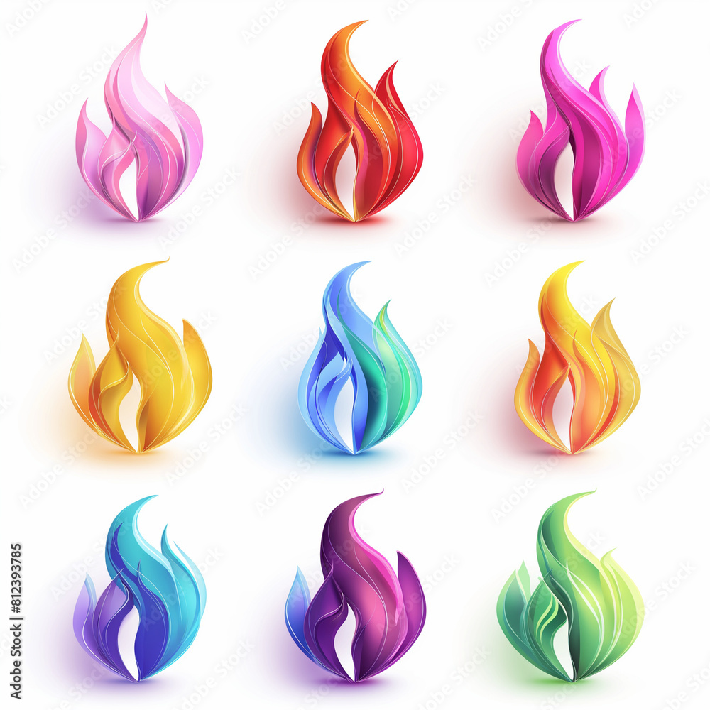 Set of 3D flame icons, each a different shade of the rainbow, displayed ...