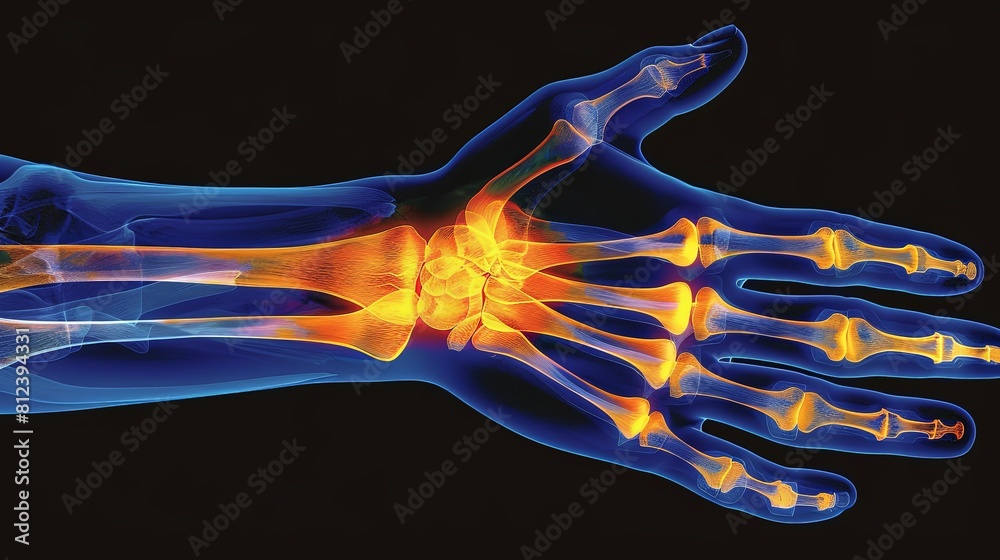 An X-ray blue of a hand with the wrist joint highlighted in yellow ...