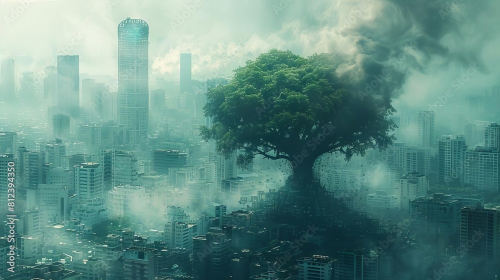 A fantasy depiction of a giant air purifier shaped like a tree, its ...
