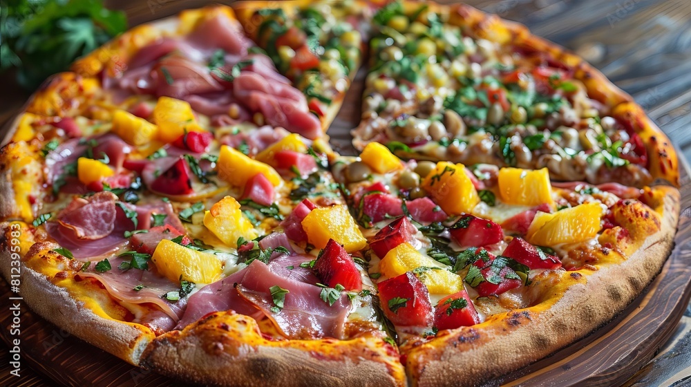 Contemporary pizza with an asymmetrical design, combining exotic fruits ...