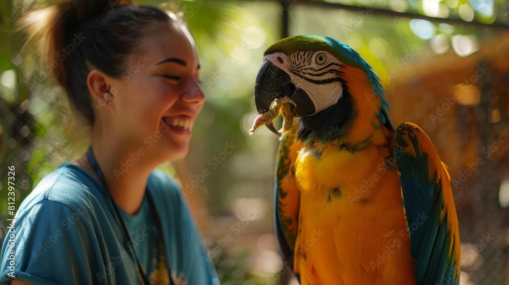 Represent a caretaker interacting with a friendly macaw, offering food ...