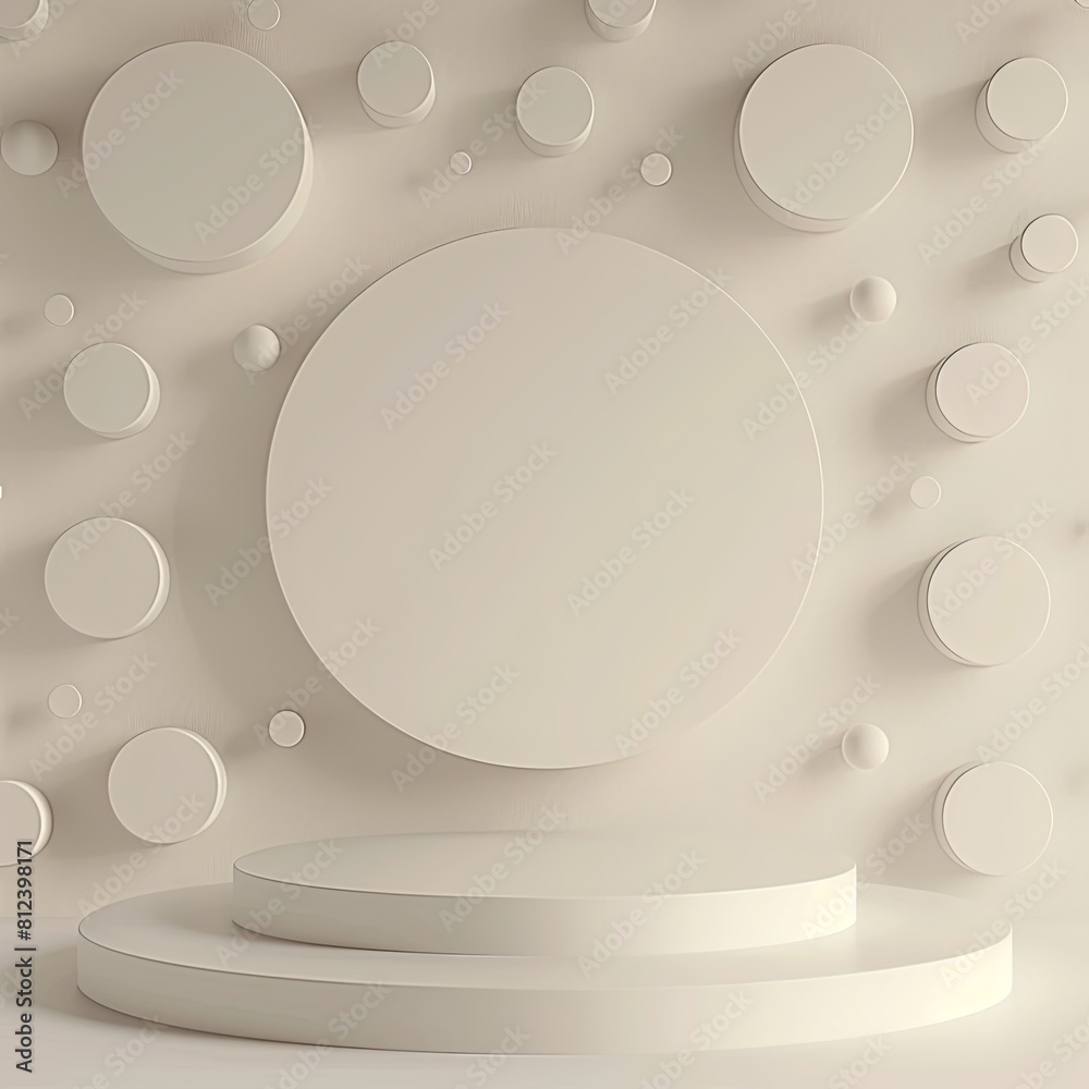 Abstract display with multiple white circles of various sizes on a ...